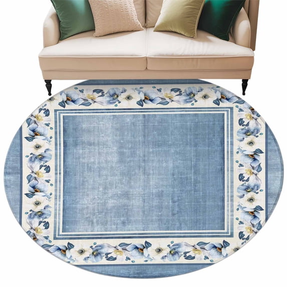 Blue Spring Floral Round Rug 8ft Washable Circle Rugs Non Slip Vintage ...