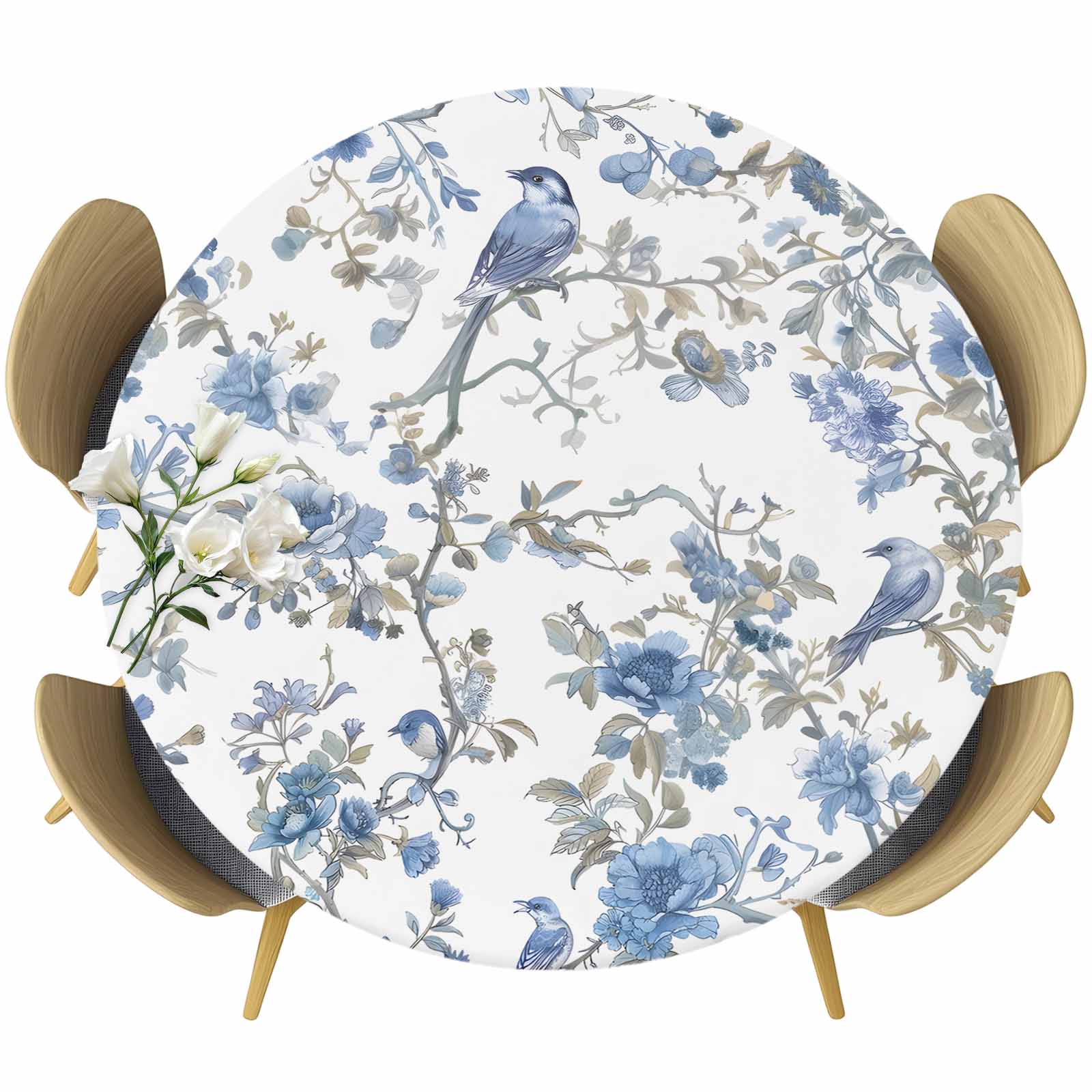 Blue Spring Floral Round Tablecloth 36-44 Inch Round Fitted Table Cloth ...