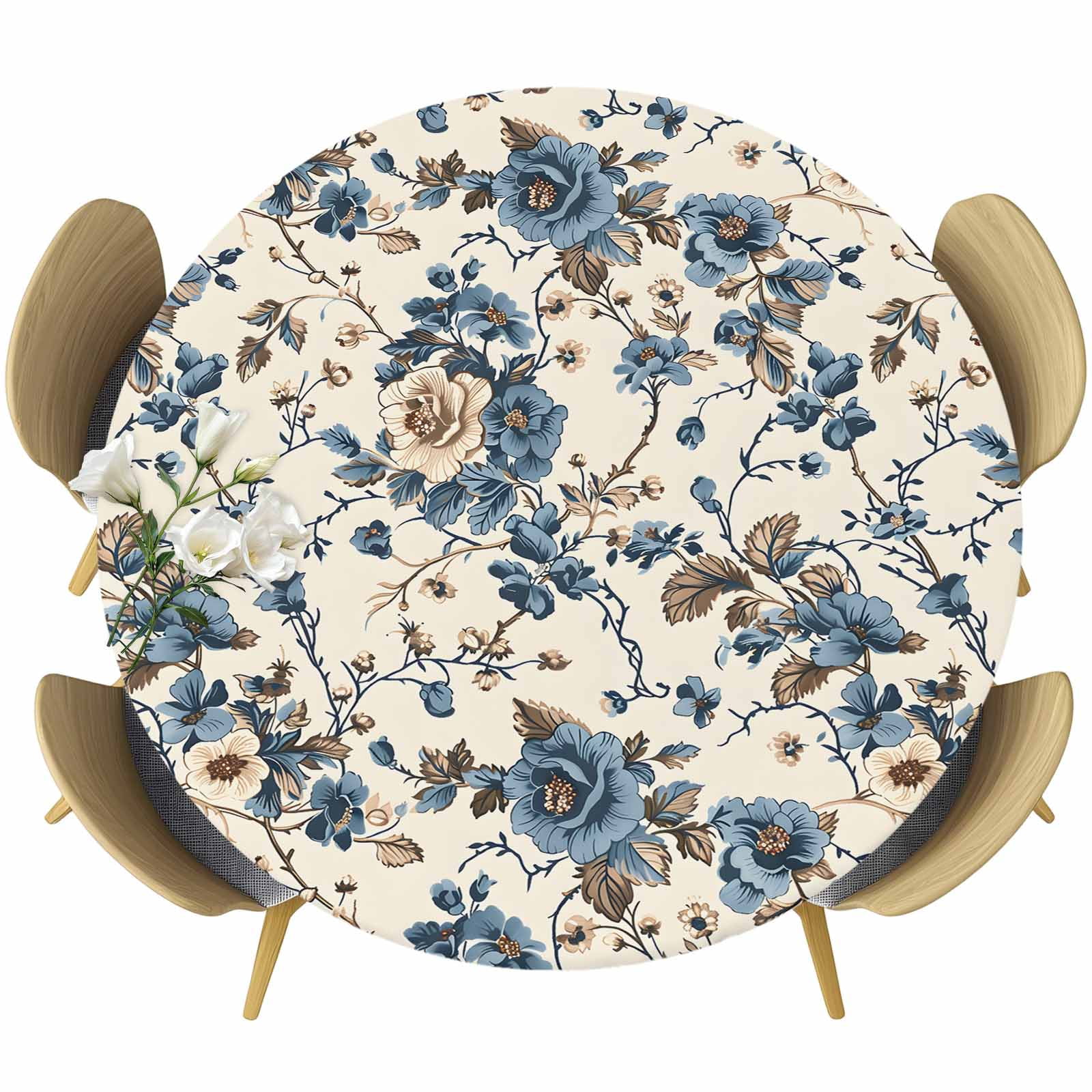Blue Spring Floral Round Tablecloth 36-44 Inch Round Fitted Table Cloth ...