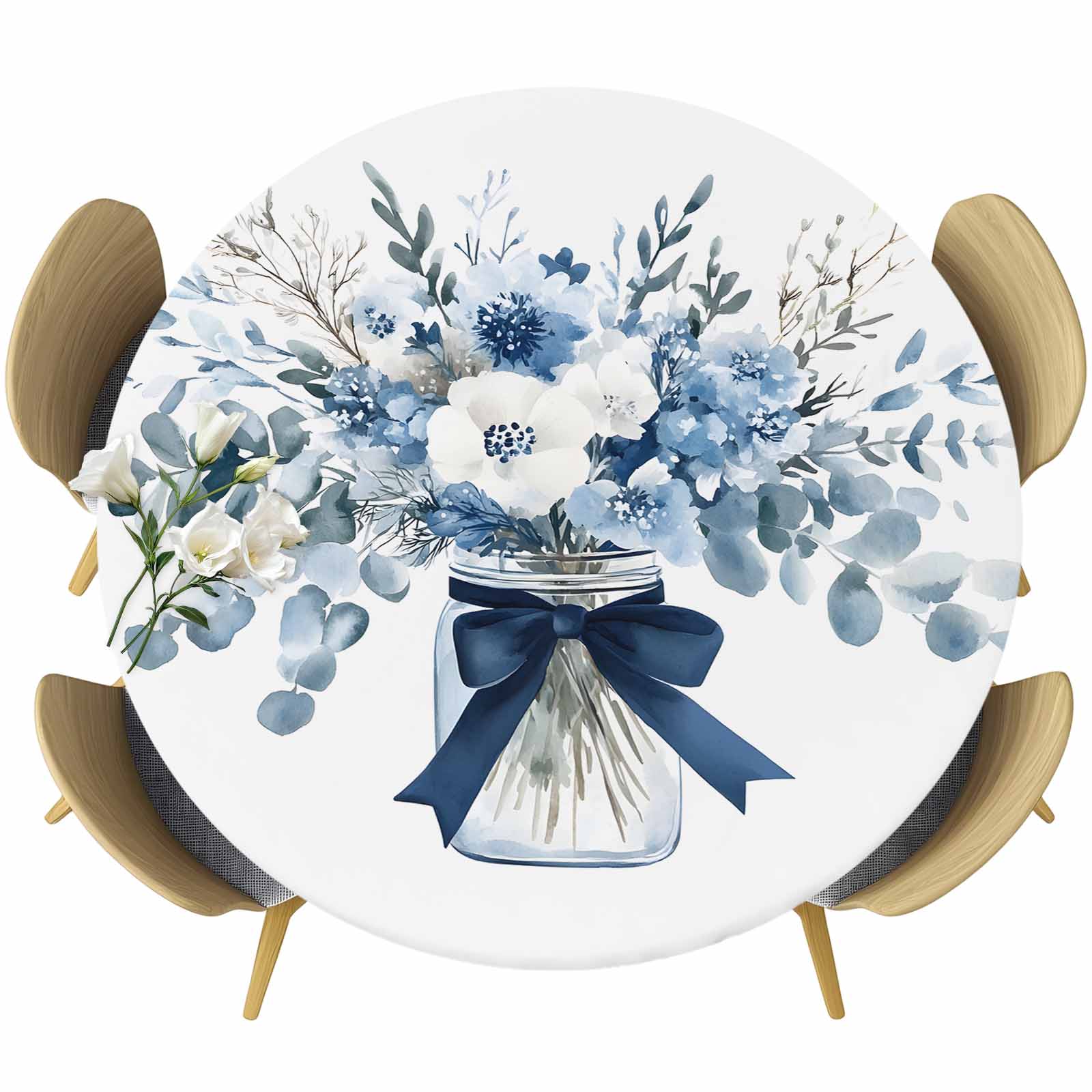 Blue Spring Floral Round Tablecloth 36-44 Inch Round Fitted Table Cloth ...