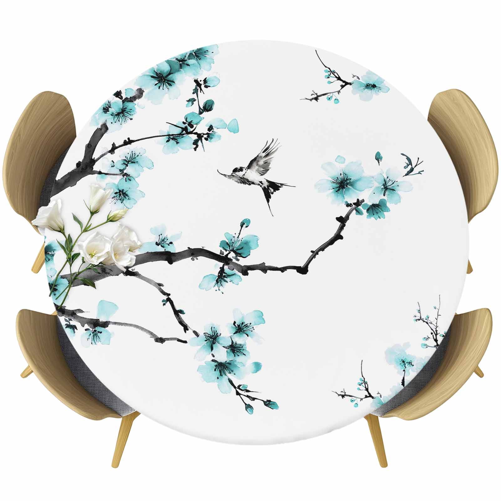 Blue Spring Floral Round Tablecloth 55-60 Inch Round Fitted Table Cloth ...