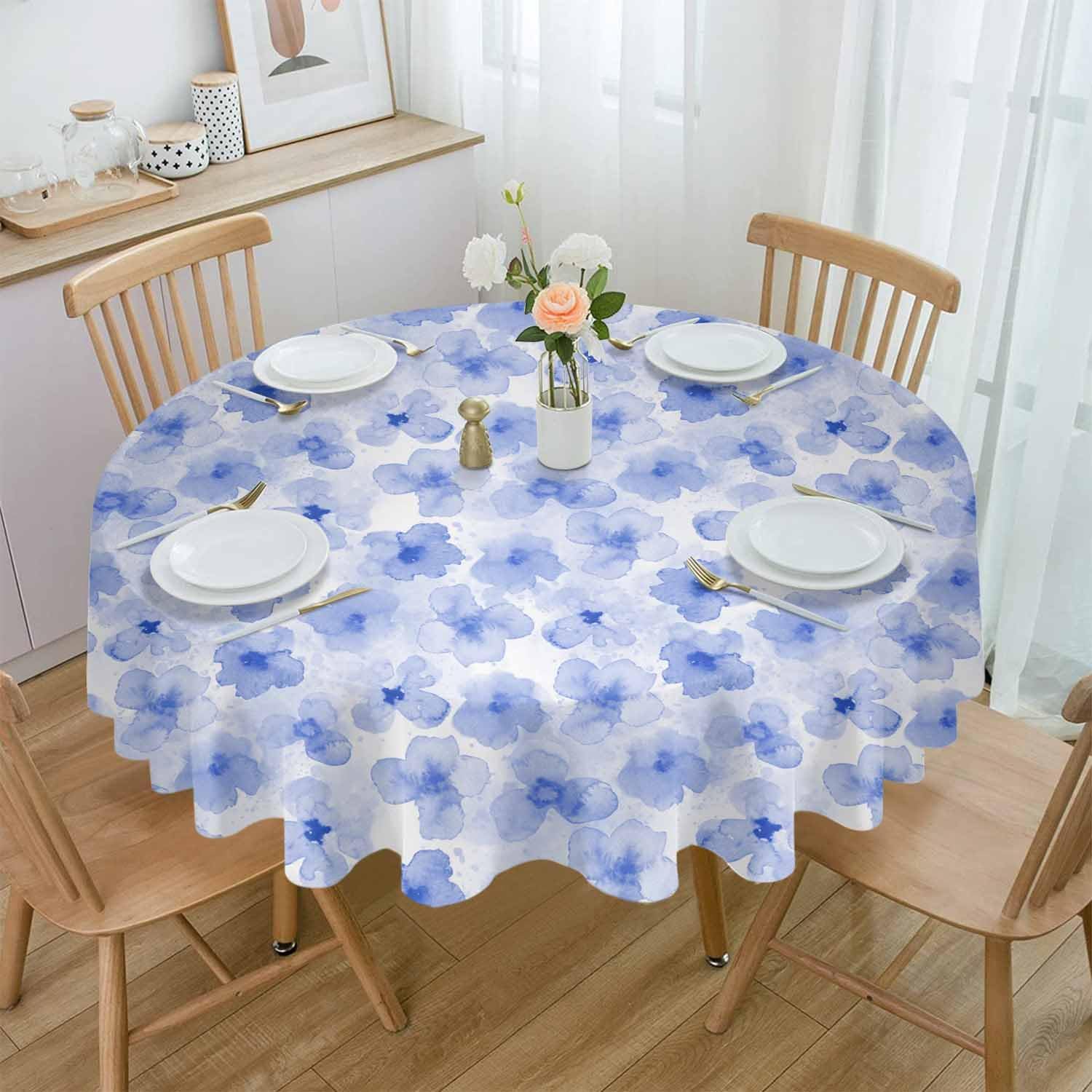 Blue Spring Floral Round Tablecloth 60 Inch - Waterproof Fabric Table ...