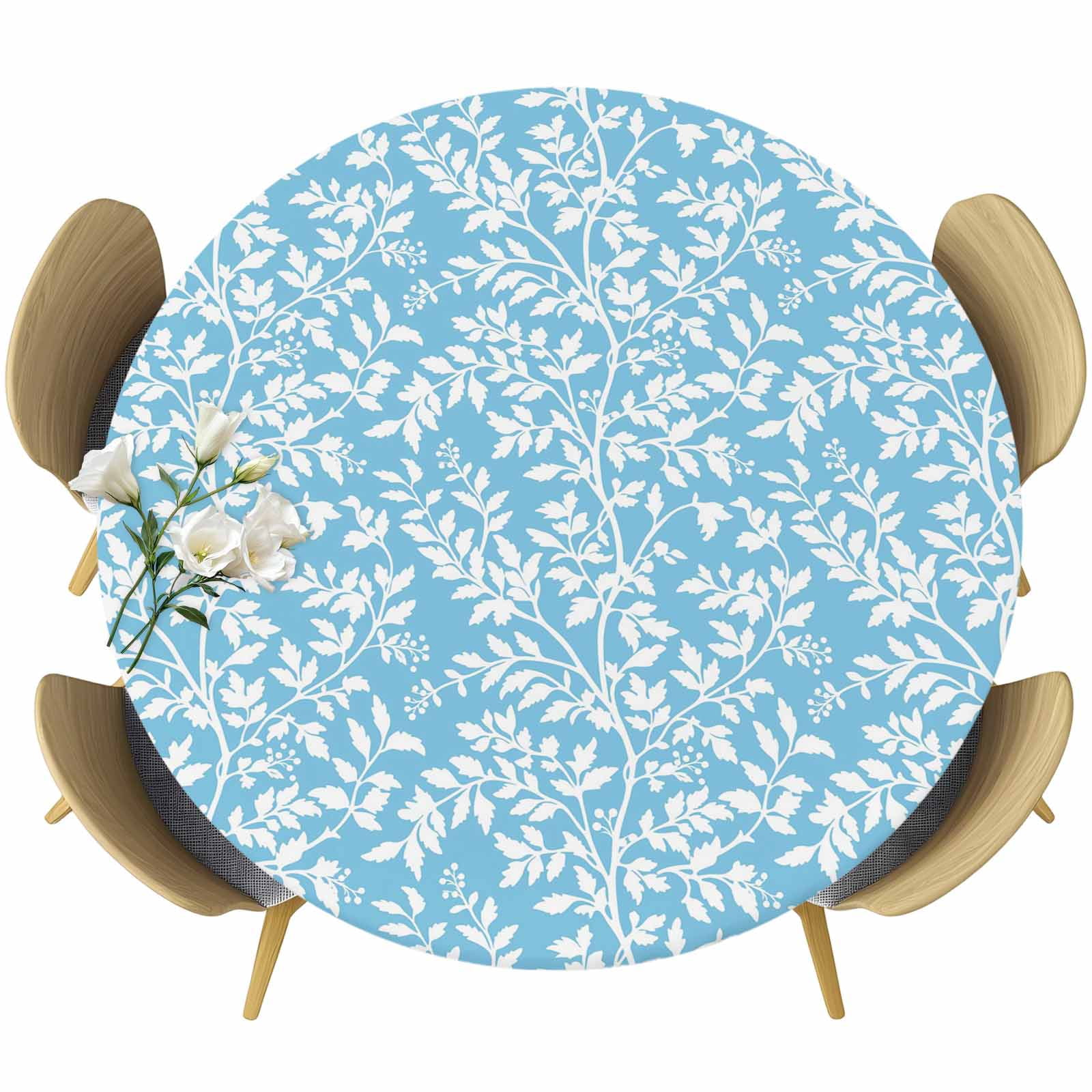Blue Spring Floral Round Tablecloth, Fitted Table Cover with Elastic ...