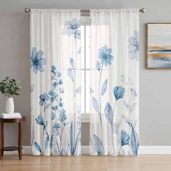 Blue Spring Floral Semi Sheer Curtains 84 Inch Length 2 Panels Set ...