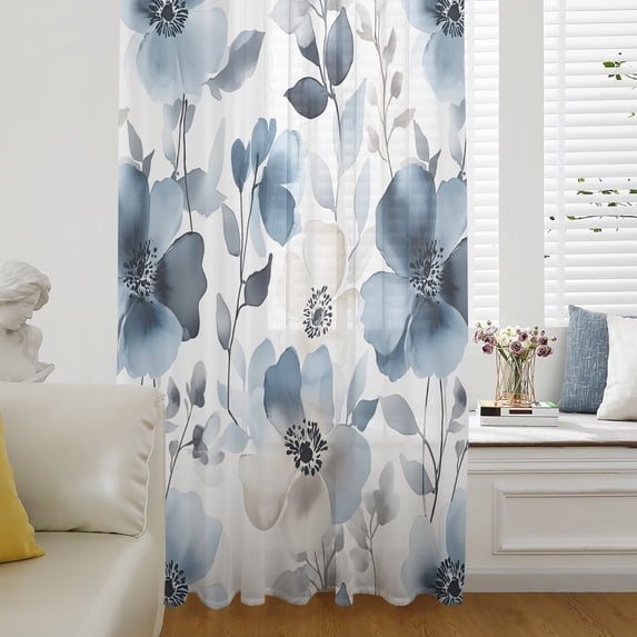 Blue Spring Floral Sheer Curtains 54 Inch Length, Light Filtering Voile ...