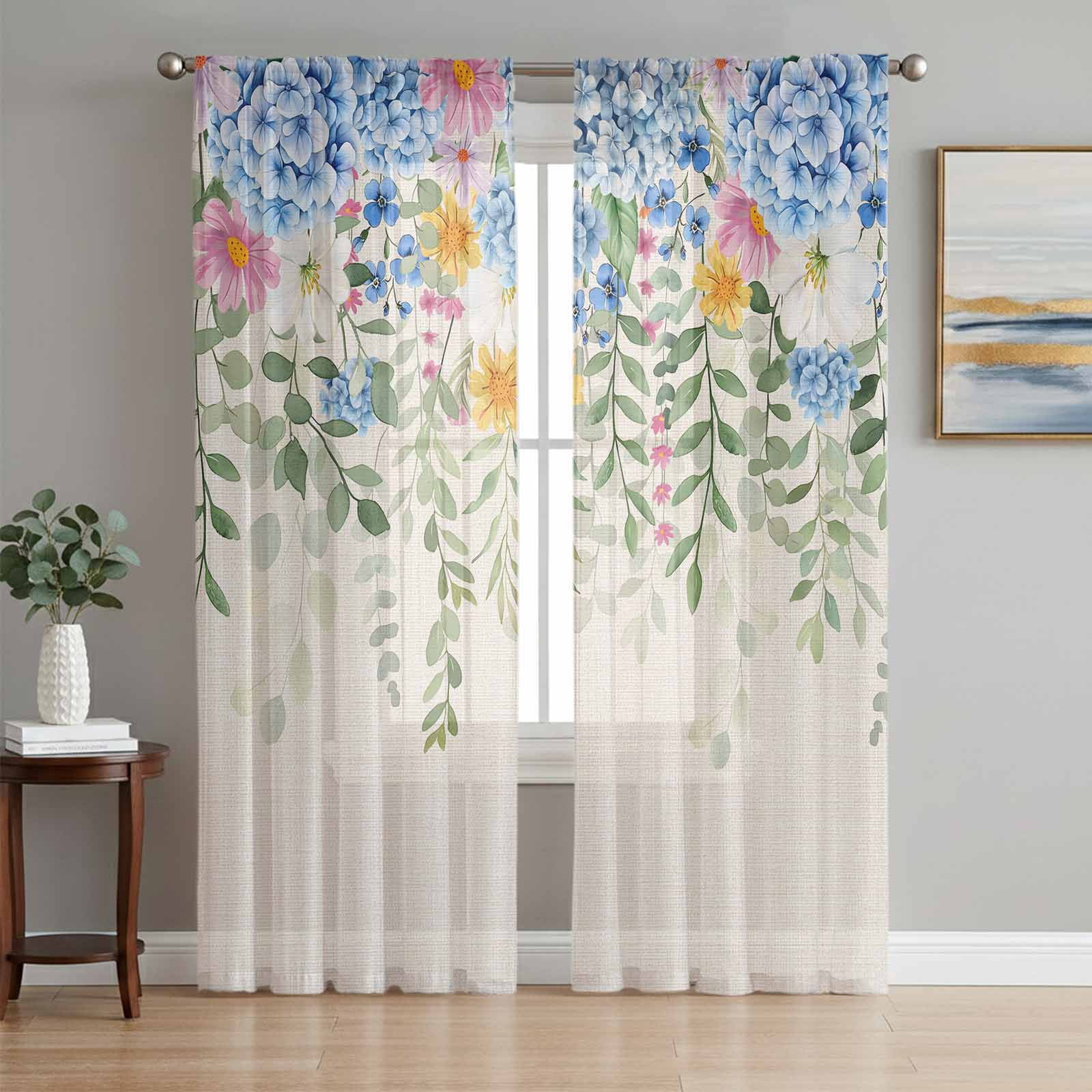 Blue Spring Floral Sheer Curtains 72 Inch Length 2 Panels Set, Green Summer Botanical Watercolor ...