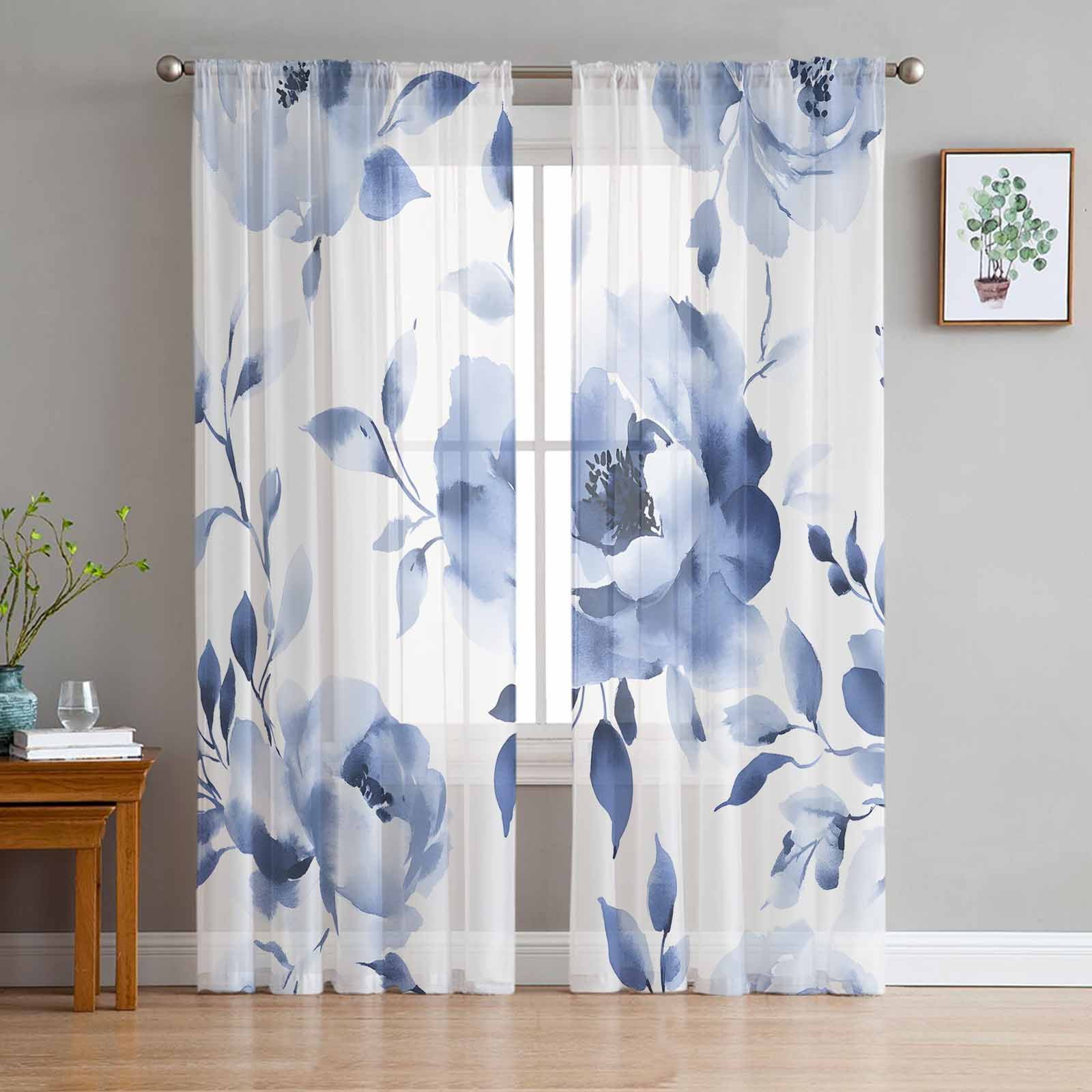Blue Spring Floral Sheer Curtains 72 Inch Length 2 Panels Set for ...