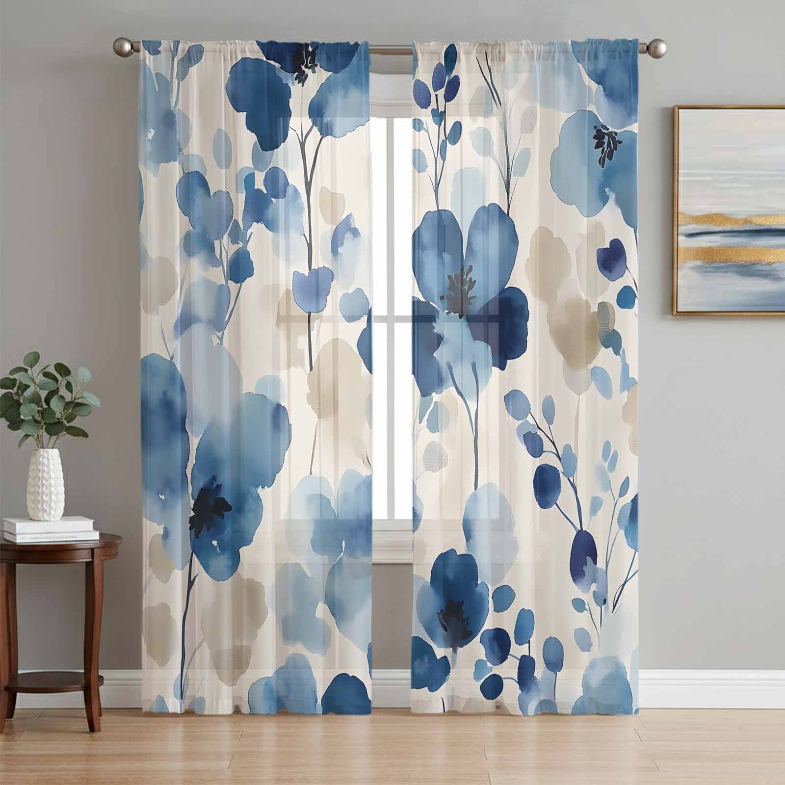 Blue Spring Floral Sheer Curtains 72 Inch Length 2 Panels Set, Summer ...