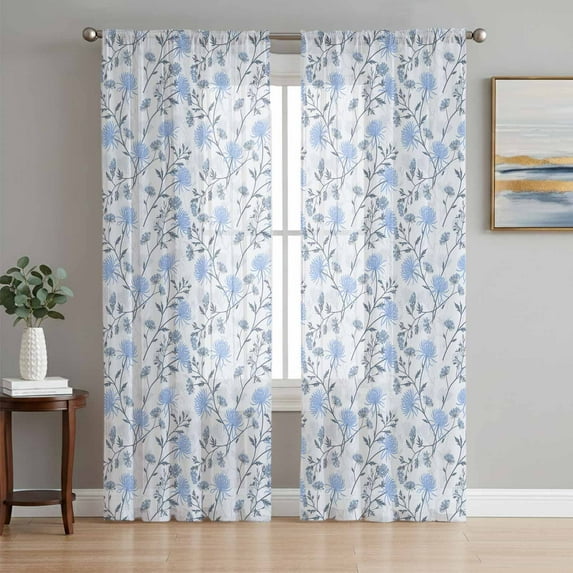 Blue Spring Floral Sheer Curtains 84 Inch Length 2 Panels Set, Flowers ...