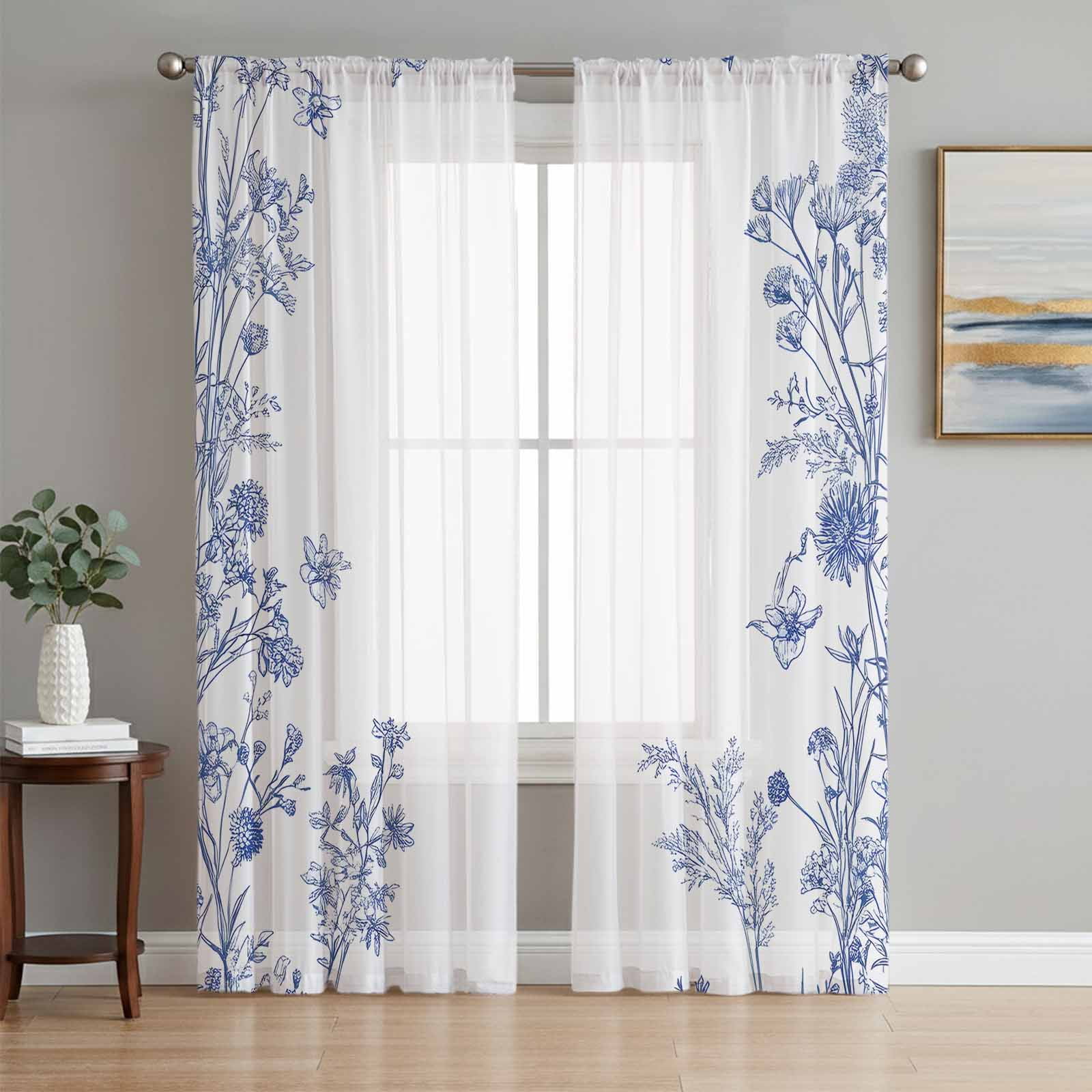 Blue Spring Floral Sheer Curtains 84 Inch Length 2 Panels Set, Summer ...