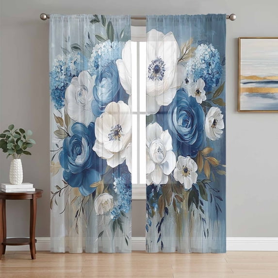 Blue Spring Floral Sheer Curtains 96 Inch Length 2 Panels Set, Vintage ...