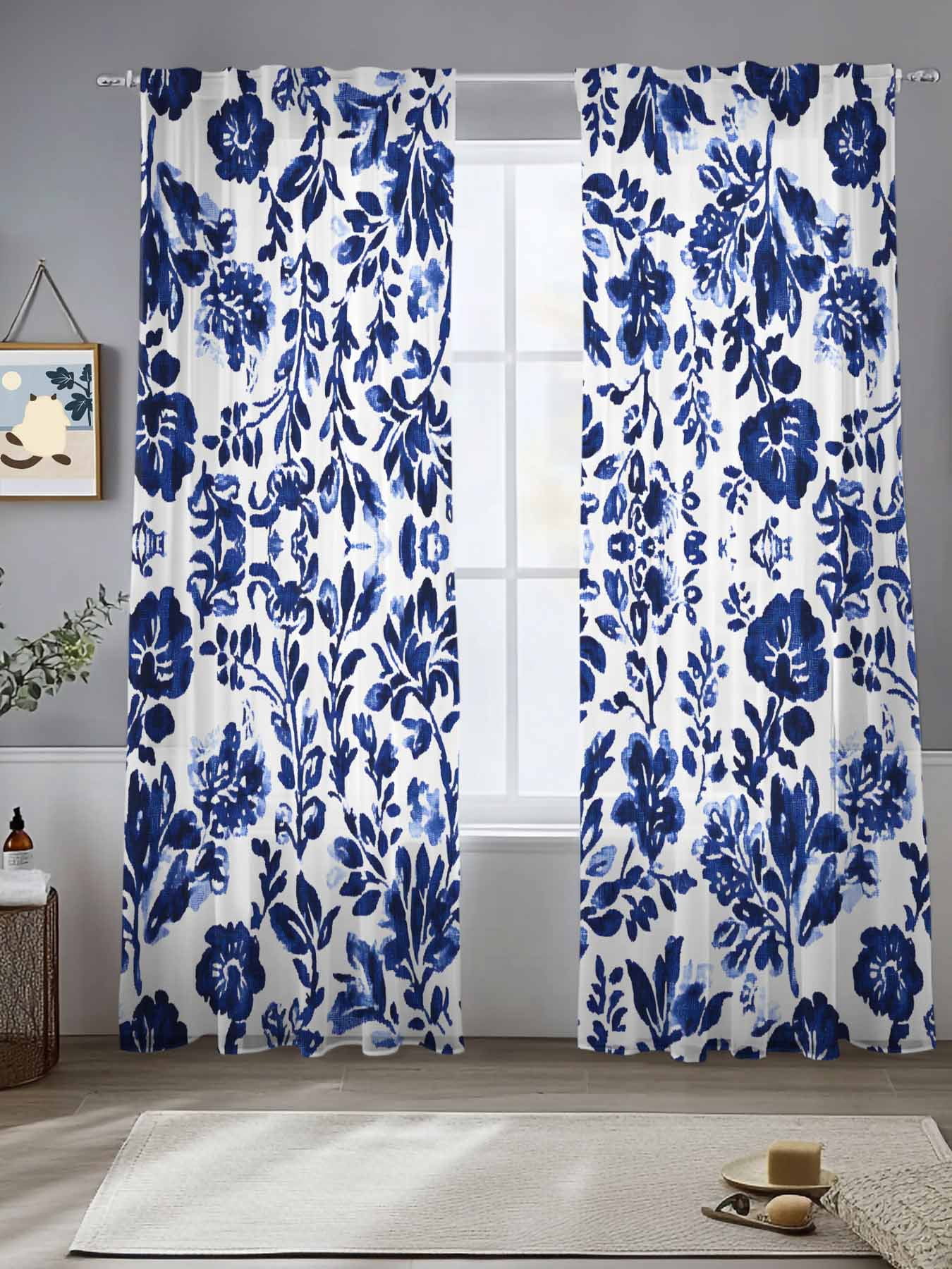 Blue Spring Floral Sheer Curtains for Living Room Bedroom Summer ...