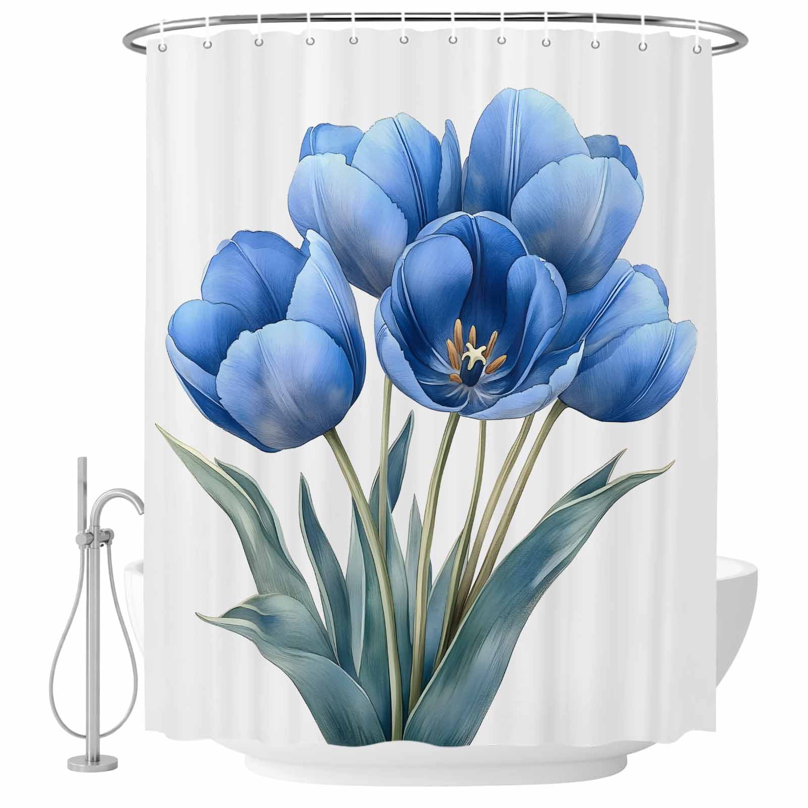 Blue Spring Floral Shower Curtain Set - Long 72" x 84" Washable Bathtub ...