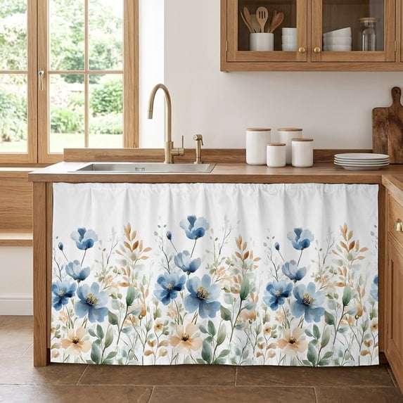 Blue Spring Floral Sink Skirt Curtain 32''x55'',Watercolor Blooming ...