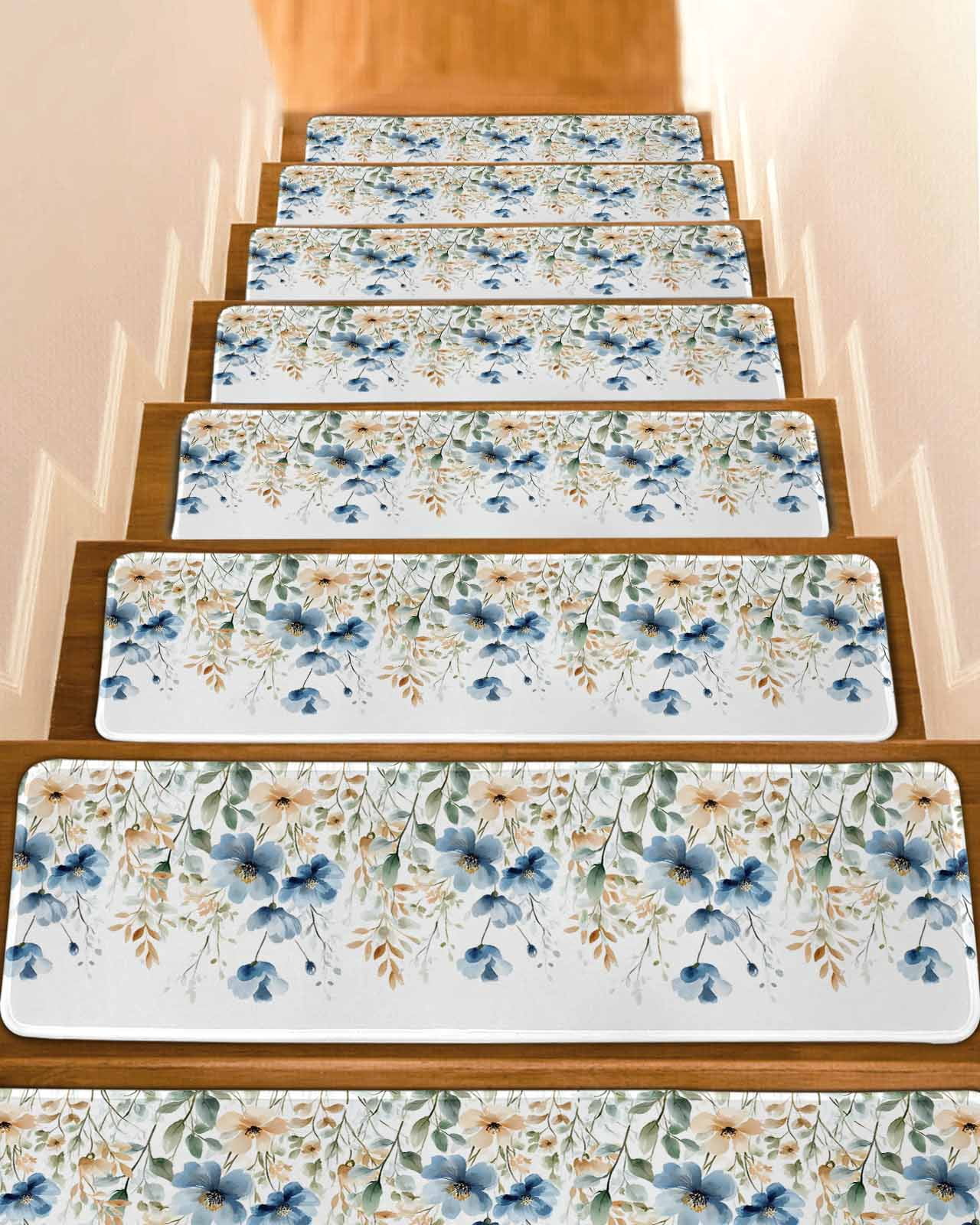 Blue Spring Floral Stair Treads for Wooden Steps Indoor Runner Rug ...
