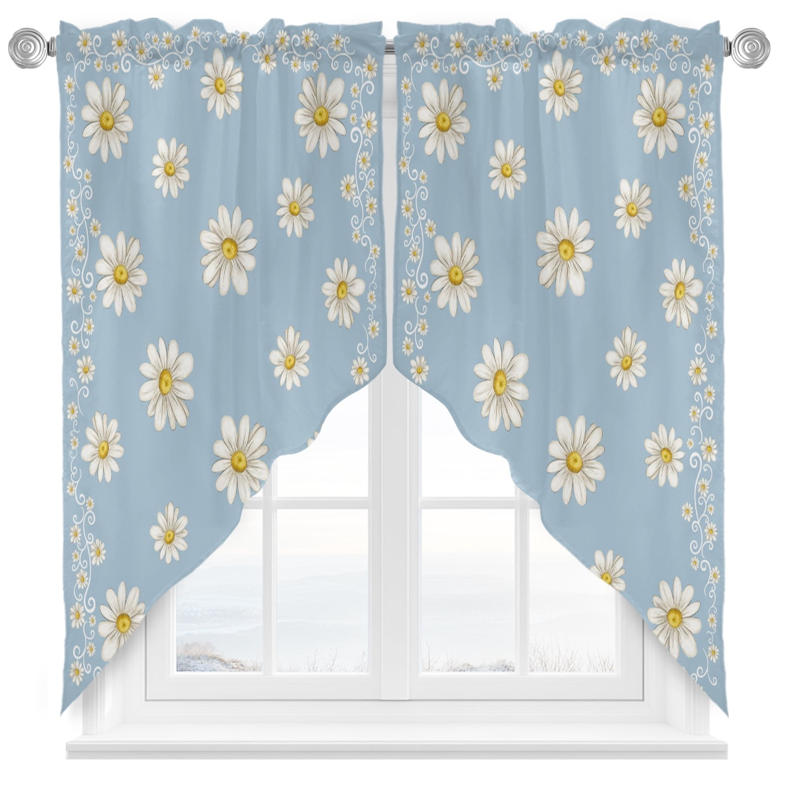 Blue Spring Floral Swag Curtains Valance For Kitchen Windows, Daisy ...