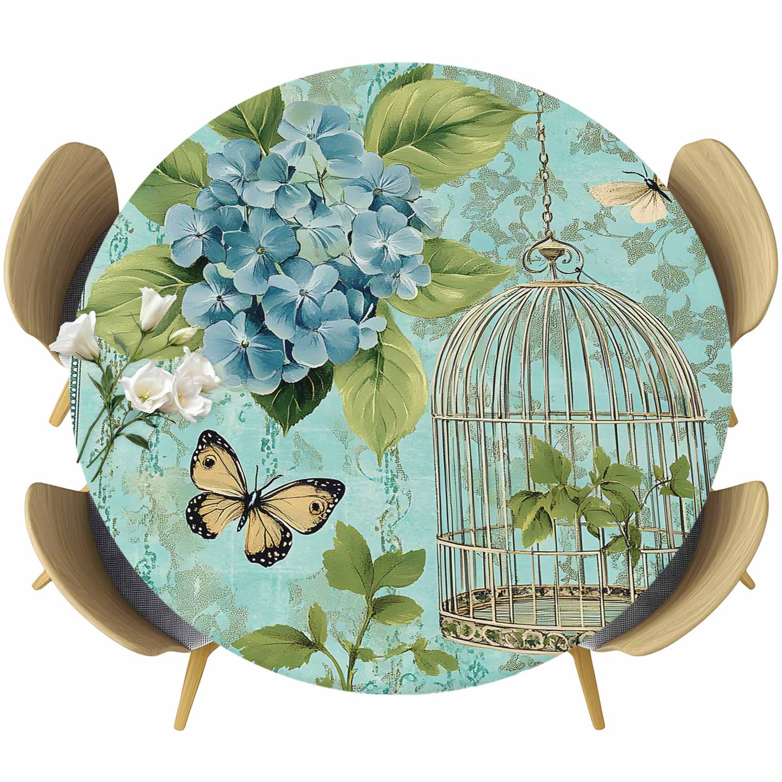 Blue Spring Floral Table Cloth, Round Fitted Tablecloths with Elastic ...