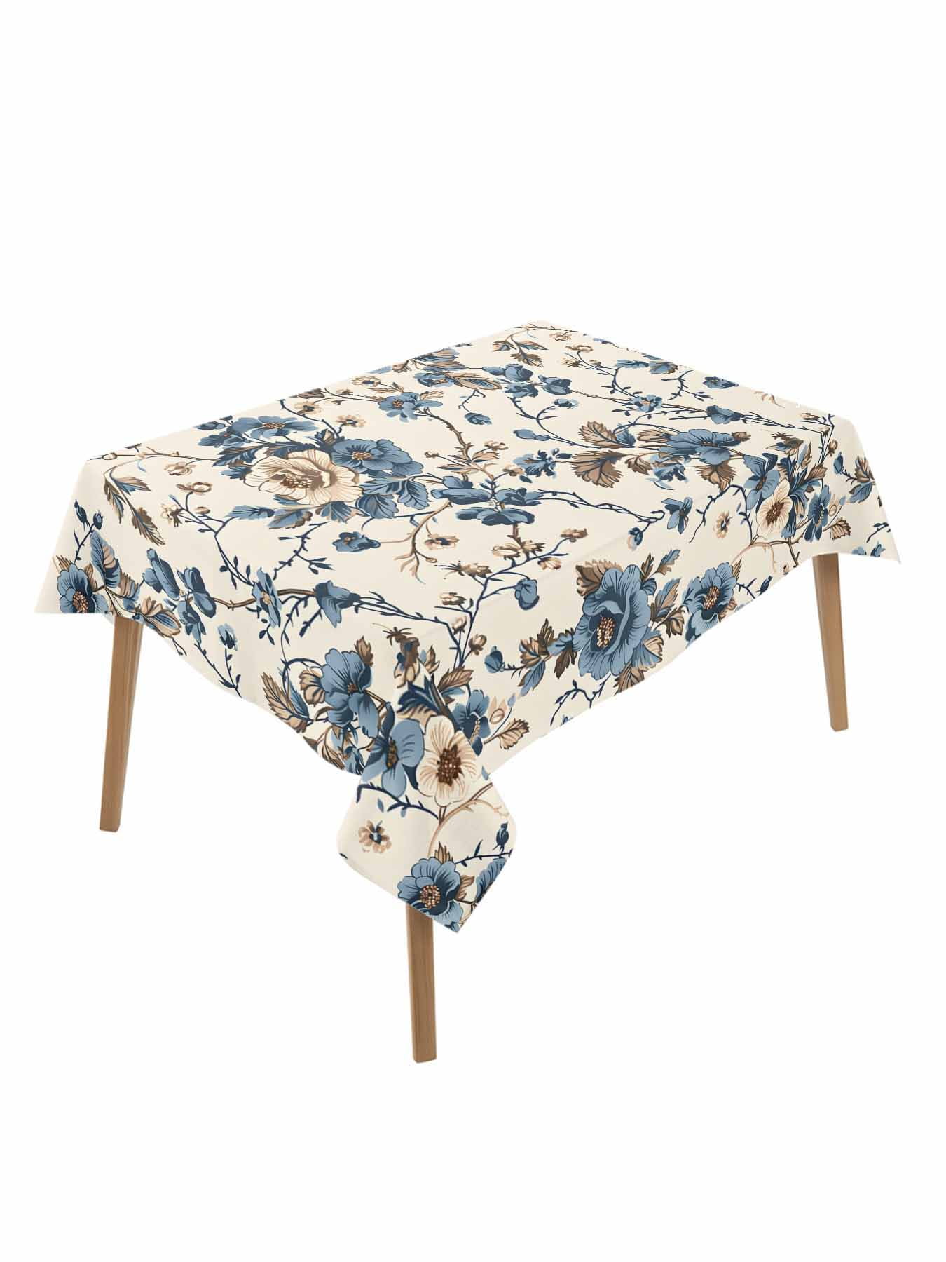 Blue Spring Floral Table Cloth, Vintage Botanical Farmhouse Waterproof ...