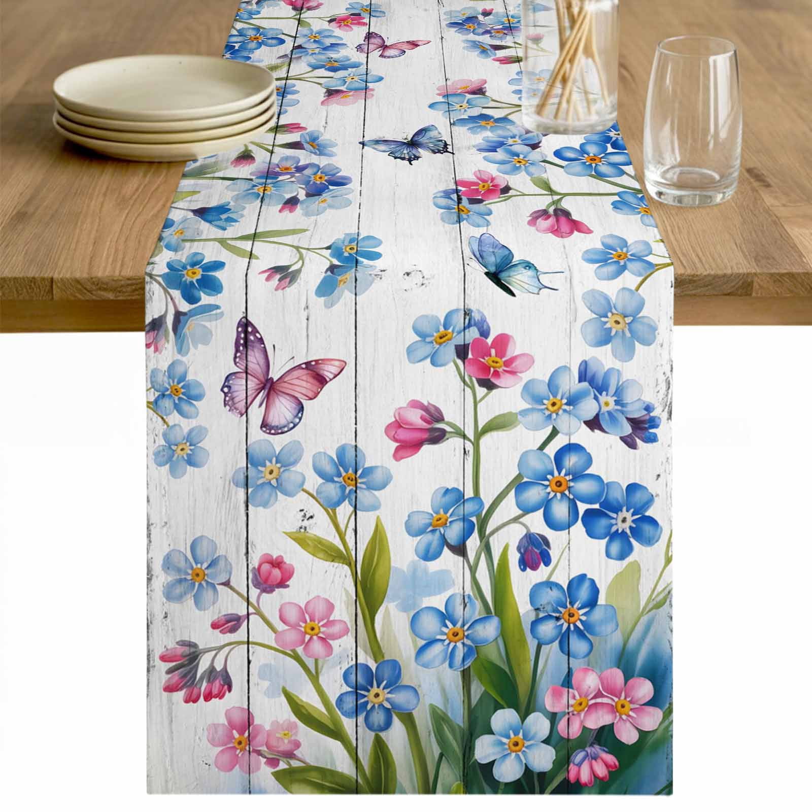 Blue Spring Floral Table Runner - 48 Inch Long Pink Flowers Butterfly ...