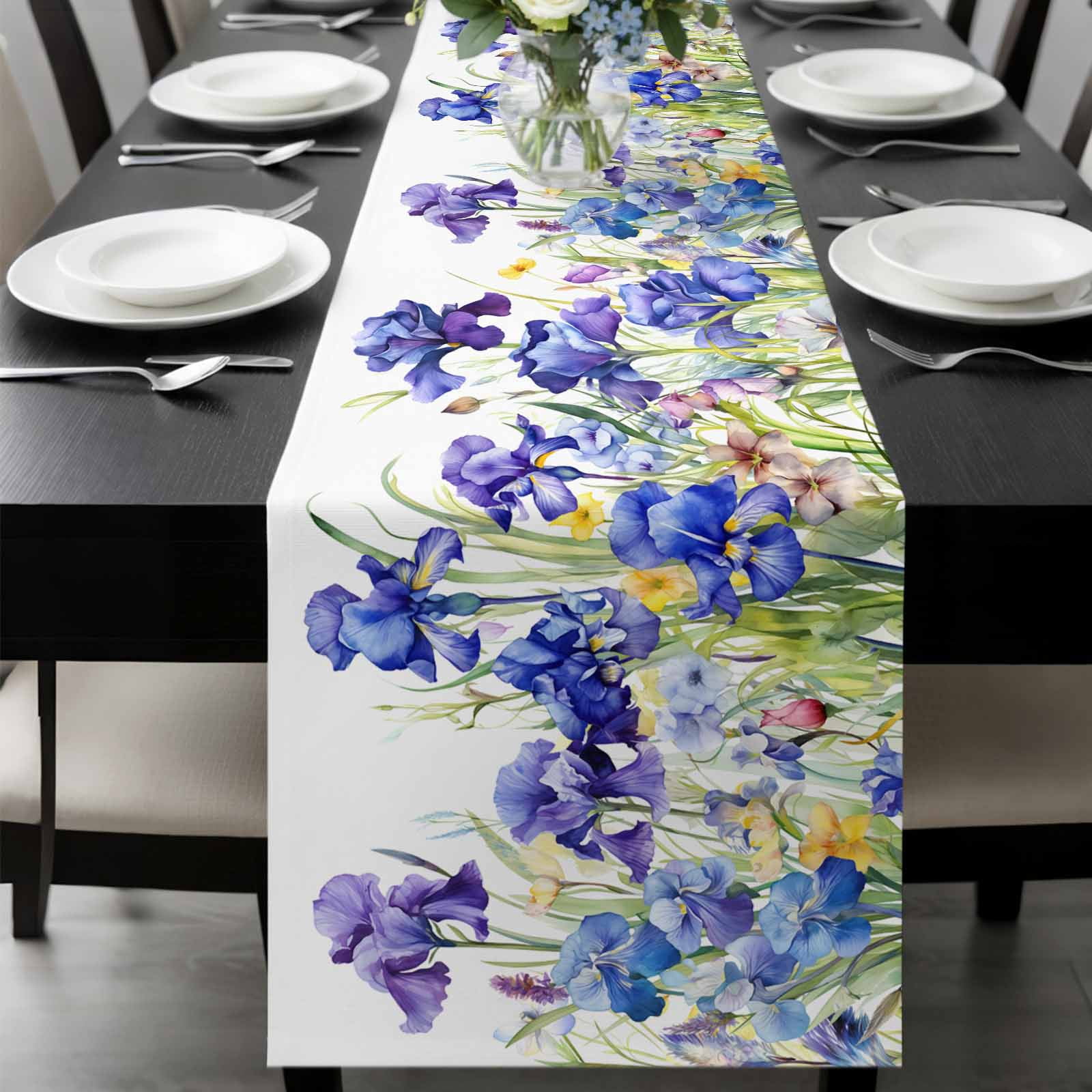 Blue Spring Floral Table Runner 72 Inches Long, Watercolor Flowers ...