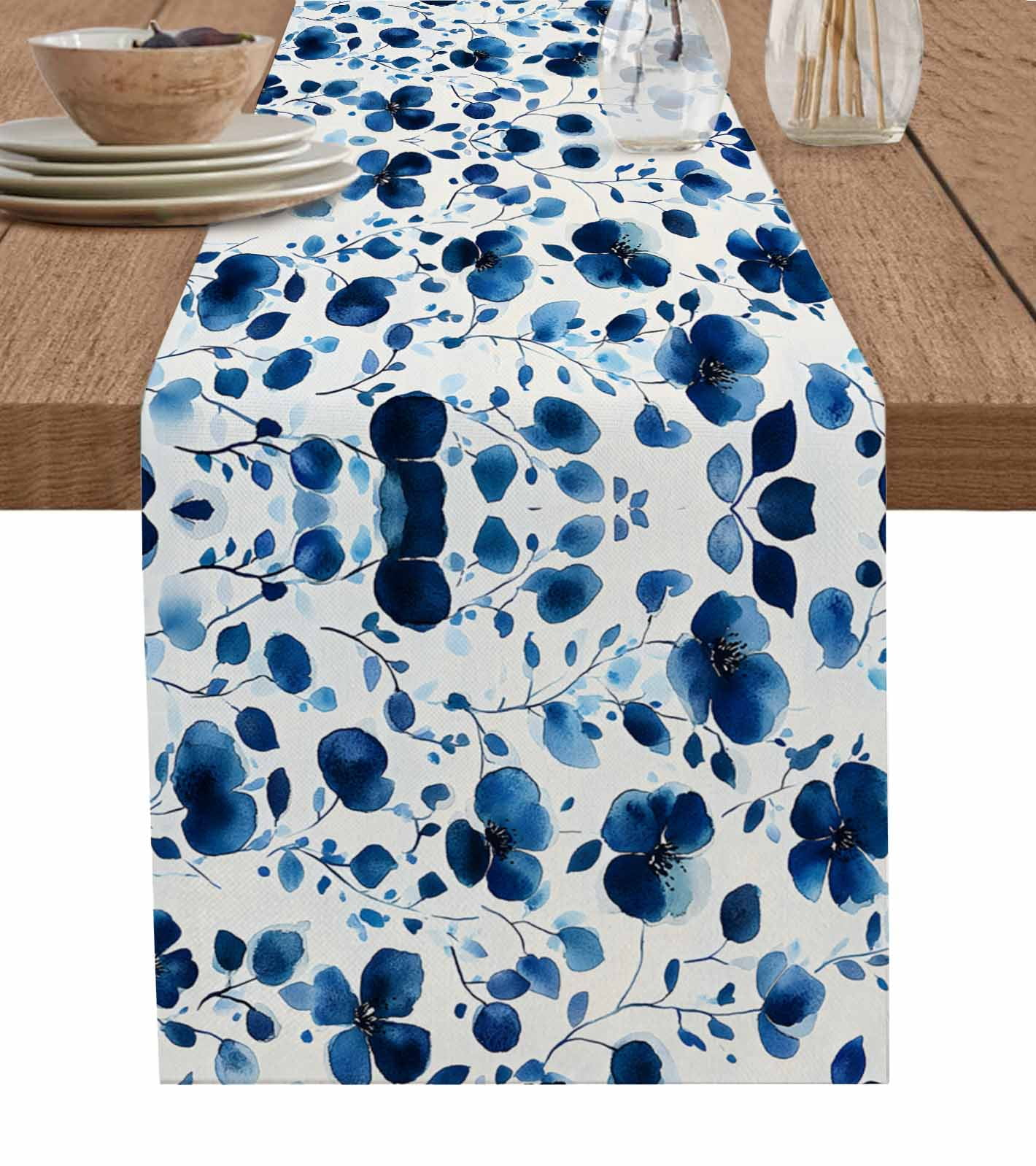 Blue Spring Floral Table Runner 72 Inches, Vintage Blossoming Botanical ...