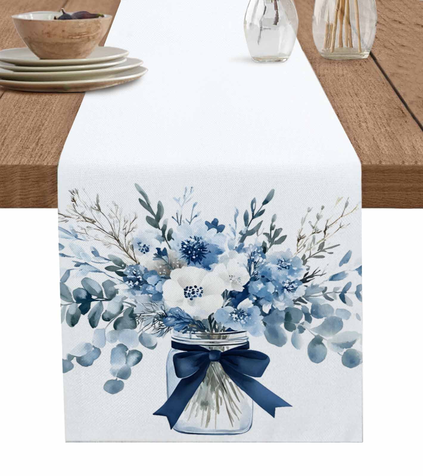 Blue Spring Floral Table Runner 72 Inches, Watercolor Summer Flowers ...