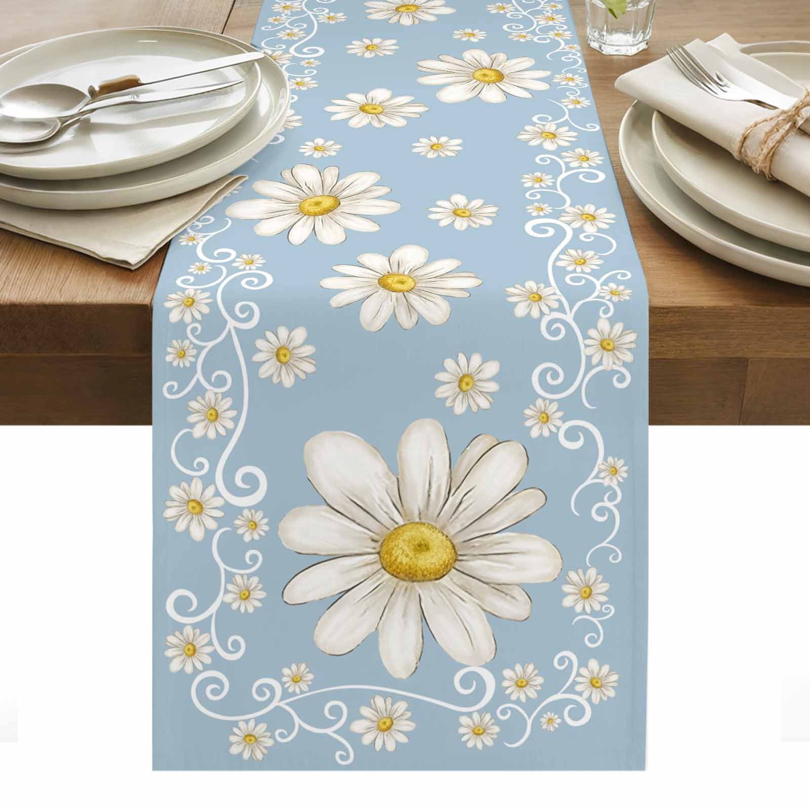 Blue Spring Floral Table Runner Daisy Flowers Elegant Farmhouse Art ...