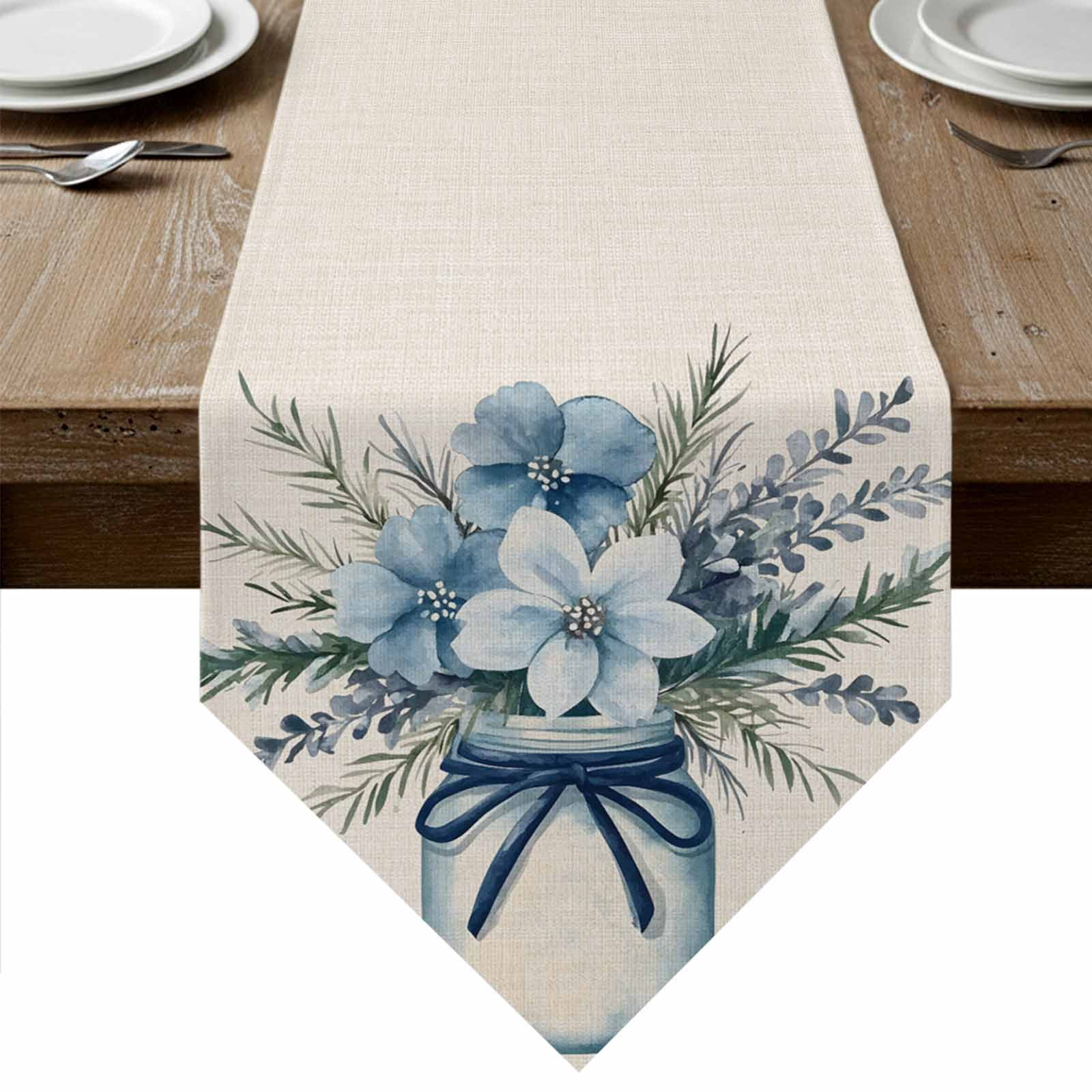 Blue Spring Floral Table Runner Linen Burlap Table Runner 48 Inches ...