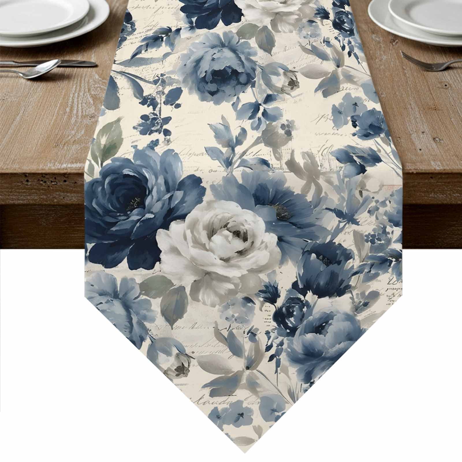 Blue Spring Floral Table Runner Linen Burlap Table Runner 70 Inches ...