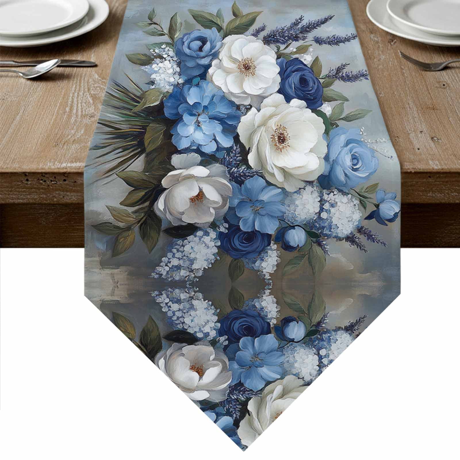 Blue Spring Floral Table Runner Linen Burlap Table Runner 72 Inches ...