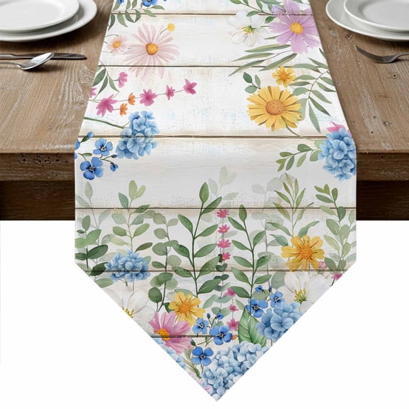 Blue Spring Floral Table Runner Linen Burlap Table Runner 72 Inches ...