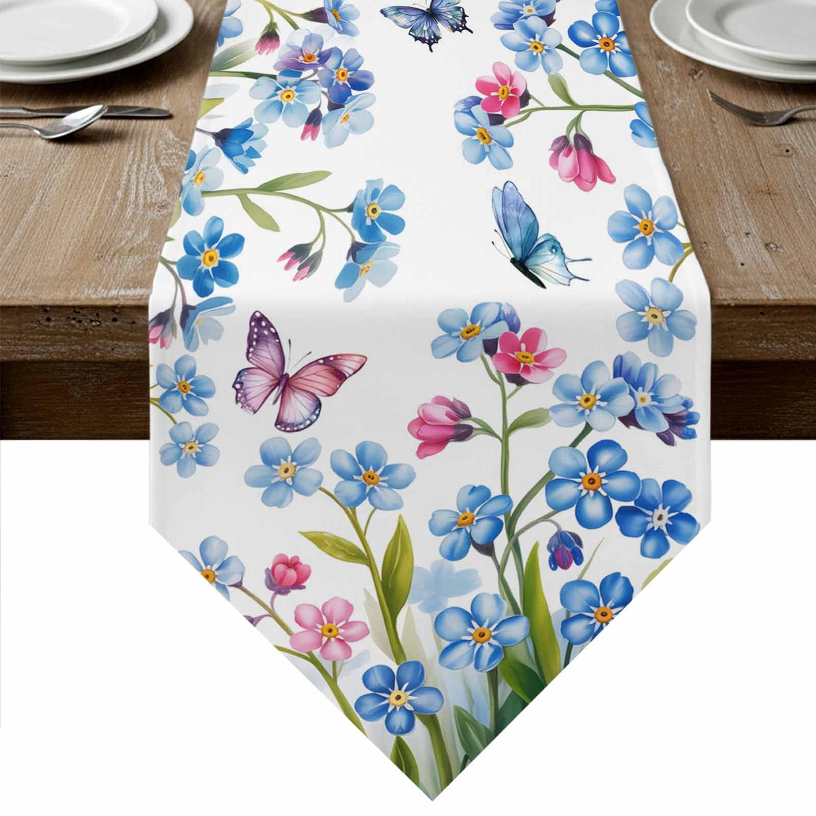 Blue Spring Floral Table Runner Linen Burlap Table Runner 90 Inches ...