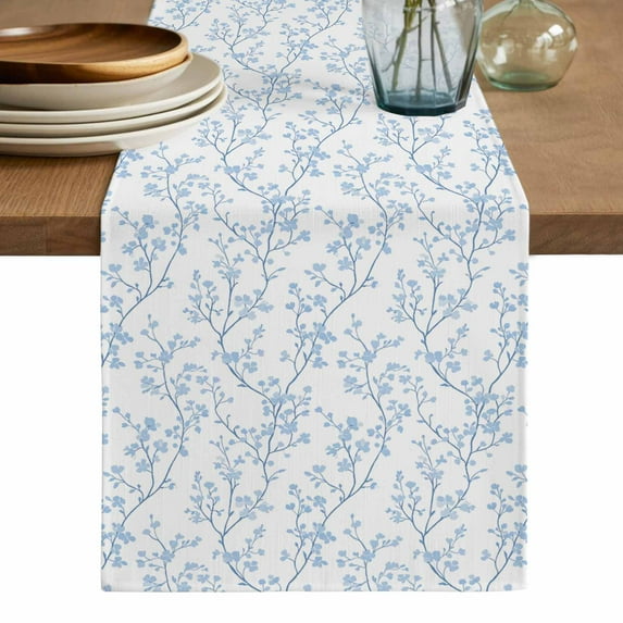 Blue Spring Floral Table Runner, Summer Botanical Watercolor Washable ...