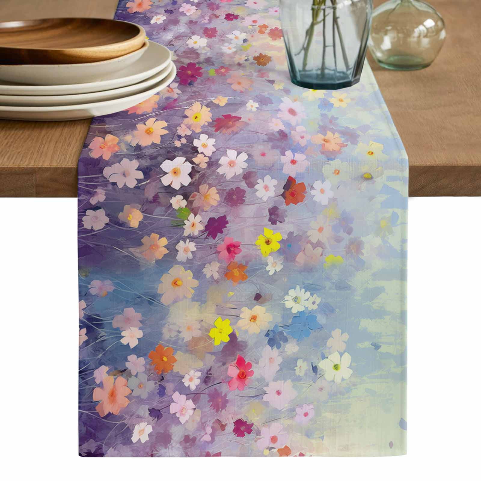 Blue Spring Floral Table Runner, Summer Daisy Botanical Oil Painting ...