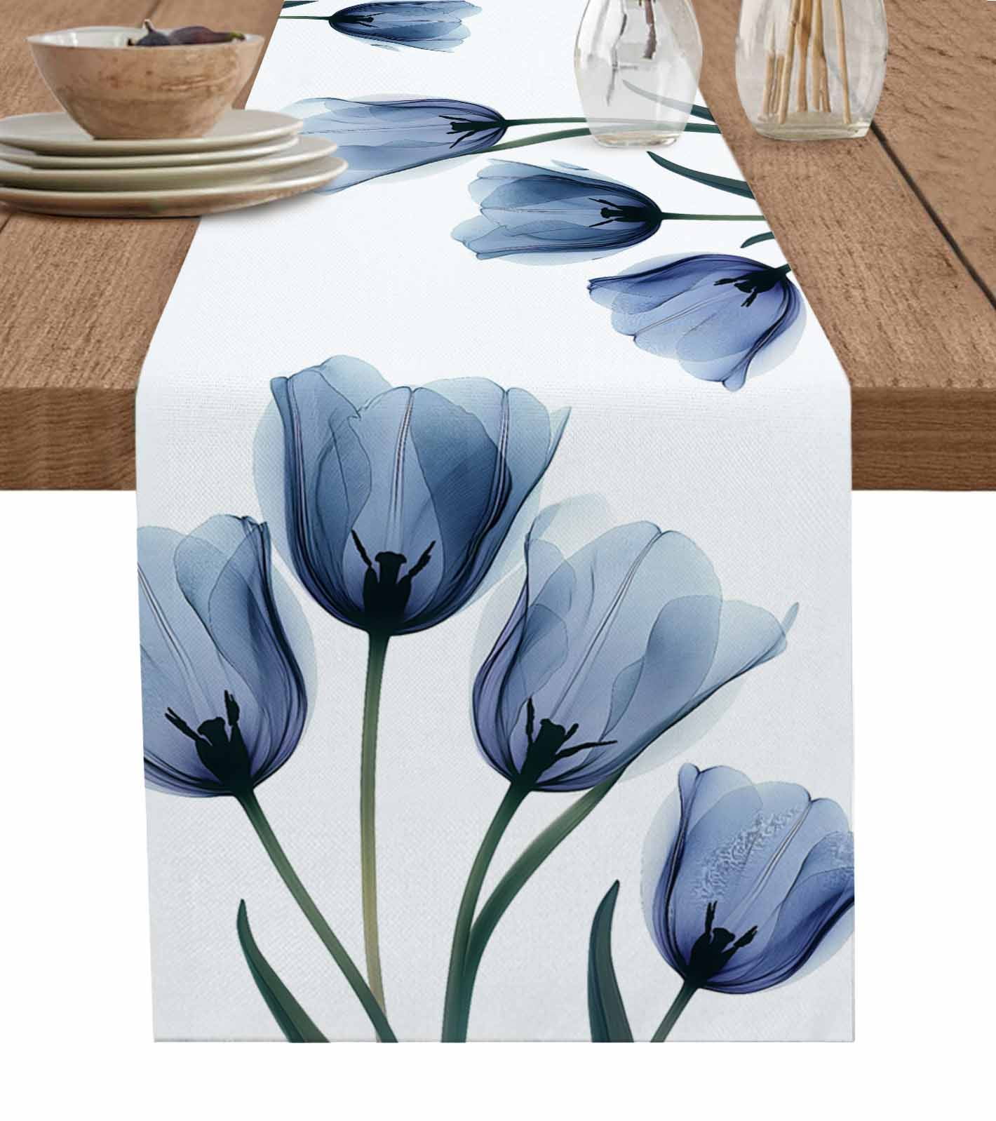 Blue Spring Floral Table Runner Tulip Blooming Summer Botanical ...