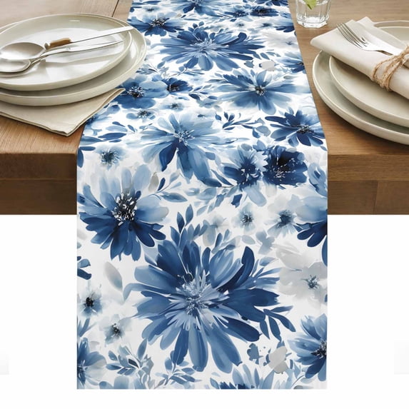 Blue Spring Floral Table Runner Watercolor Ombre Summer Botanical ...