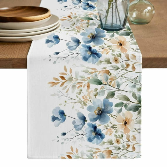 Blue Spring Floral Table Runner, Weeping Botanical Orange Summer ...