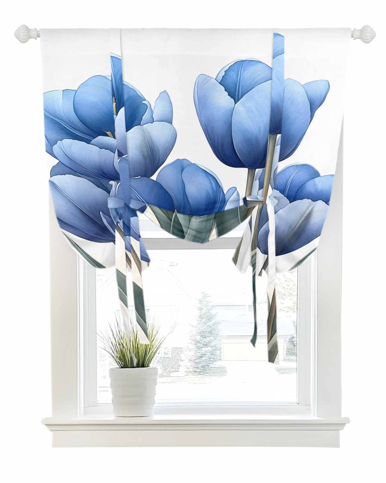 Blue Spring Floral Tie Up Curtains for Window, Thermal Insulated ...