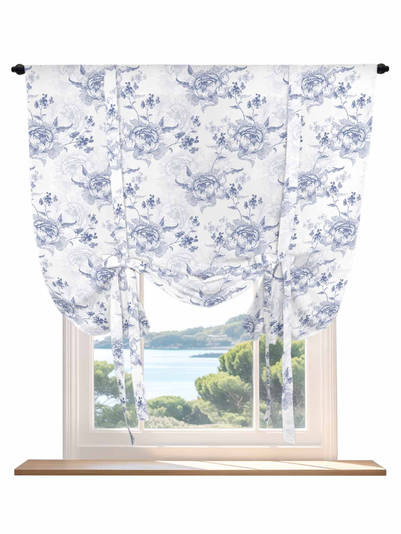 Blue Spring Floral Tie Up Curtains for Windows 63 Inch Length Balloon ...