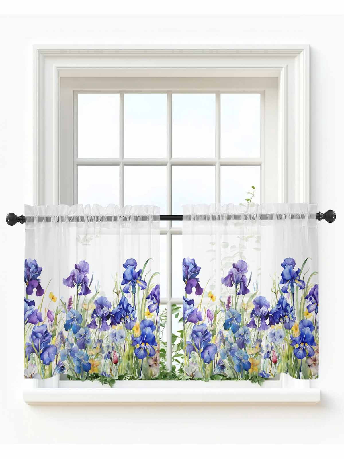 Blue Spring Floral Tier Curtains 36 Inch Length,Sheer Curtains for ...