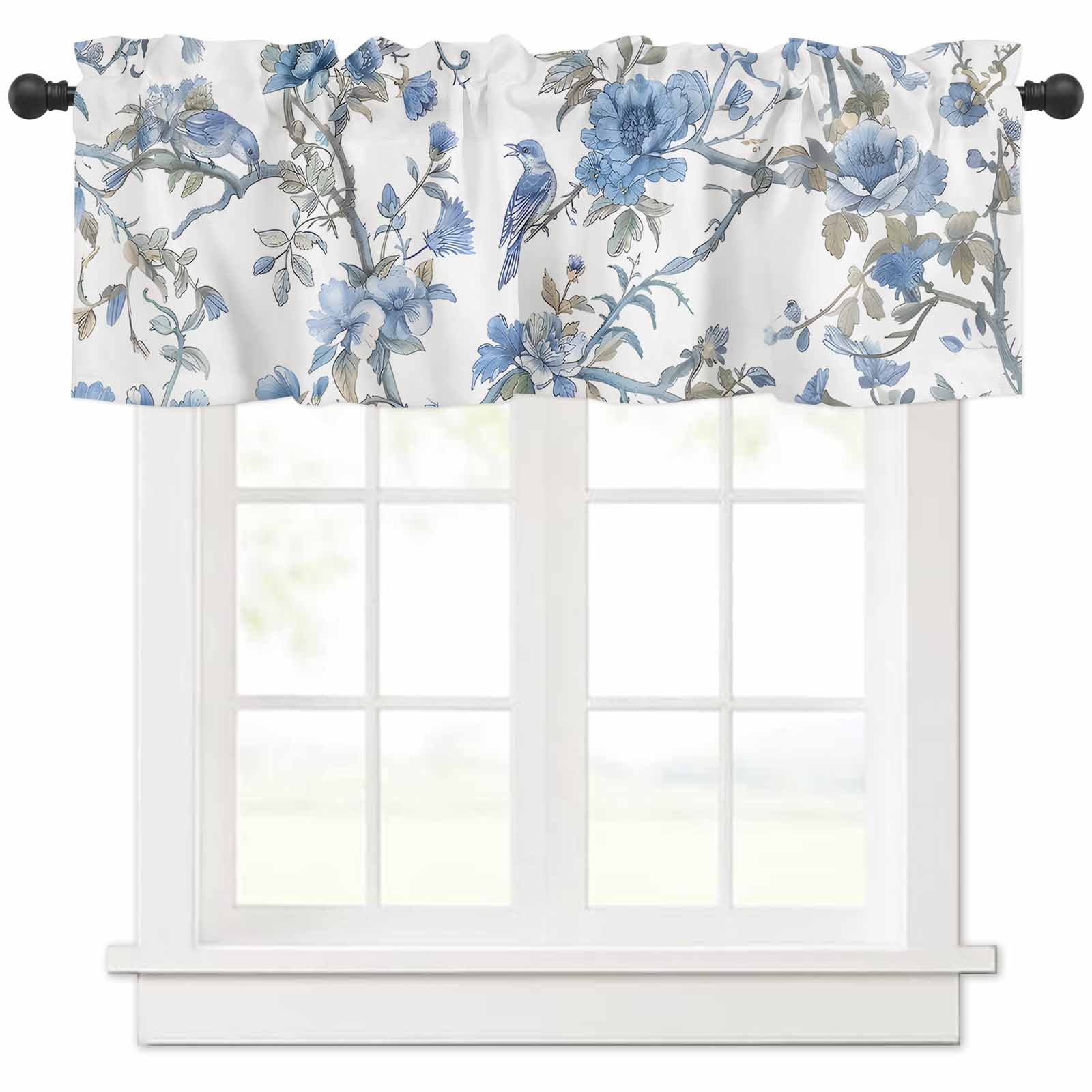Blue Spring Floral Valances for Windows Farmhouse Kitchen Curtains ...