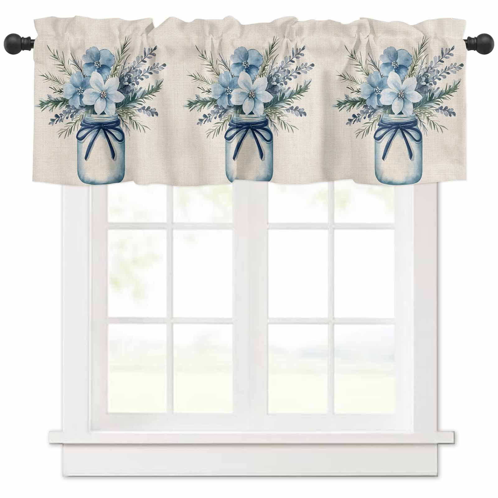 Blue Spring Floral Valances for Windows Farmhouse Kitchen Curtains ...