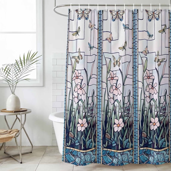 Blue Spring Floral Waterproof Fabric Shower Curtain,Summer Butterfly ...