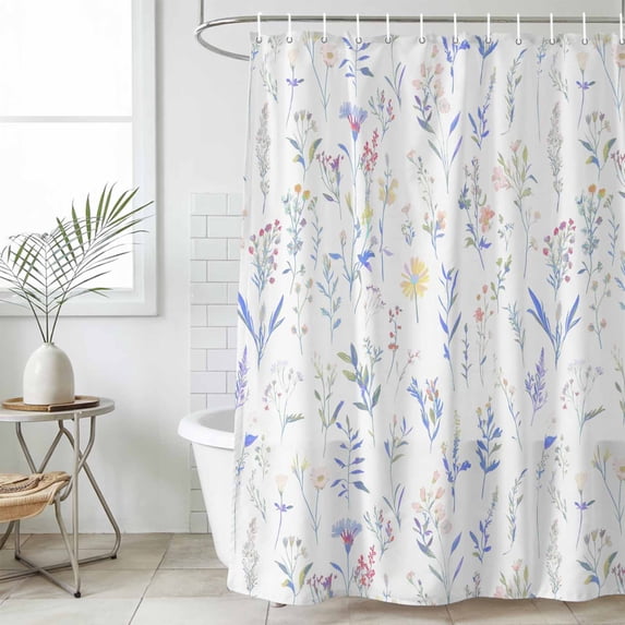 Blue Spring Floral Waterproof Fabric Shower Curtain,Watercolor ...