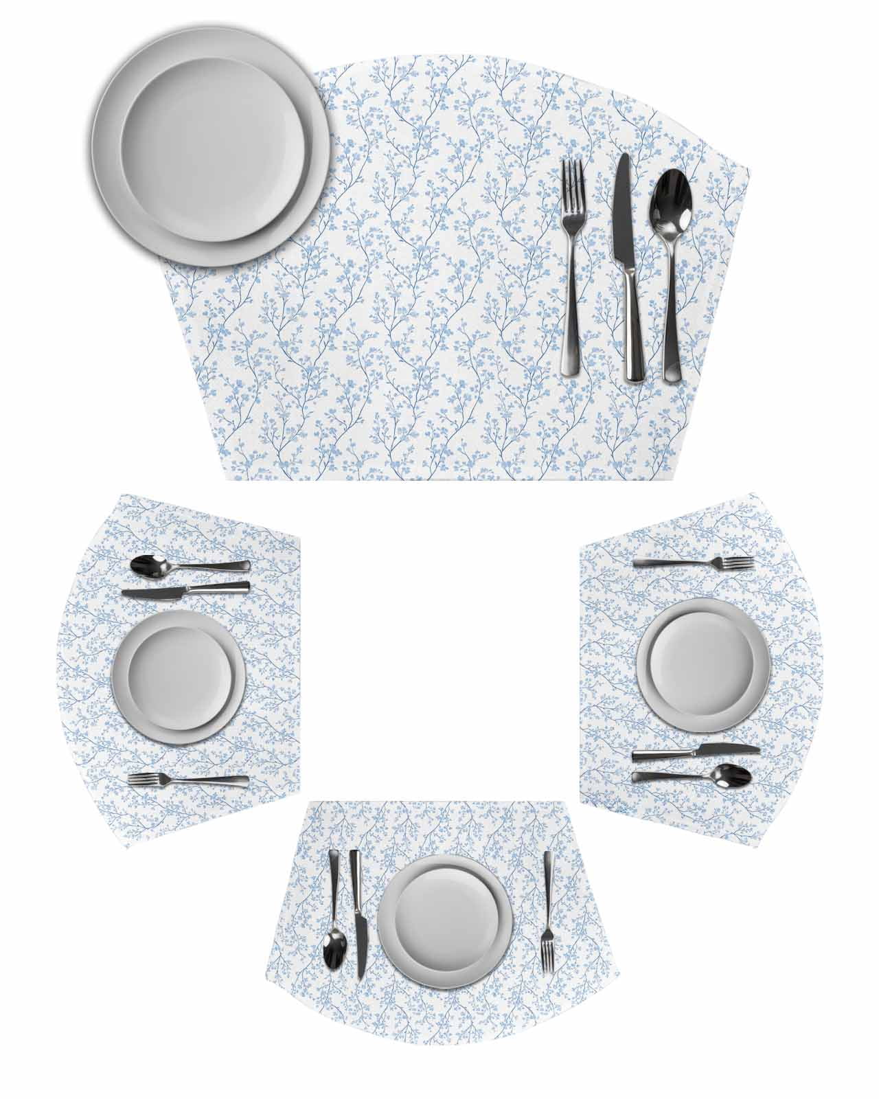 Blue Spring Floral Wedge Shaped Placemats Set of 2, Cotton Linen Fan ...