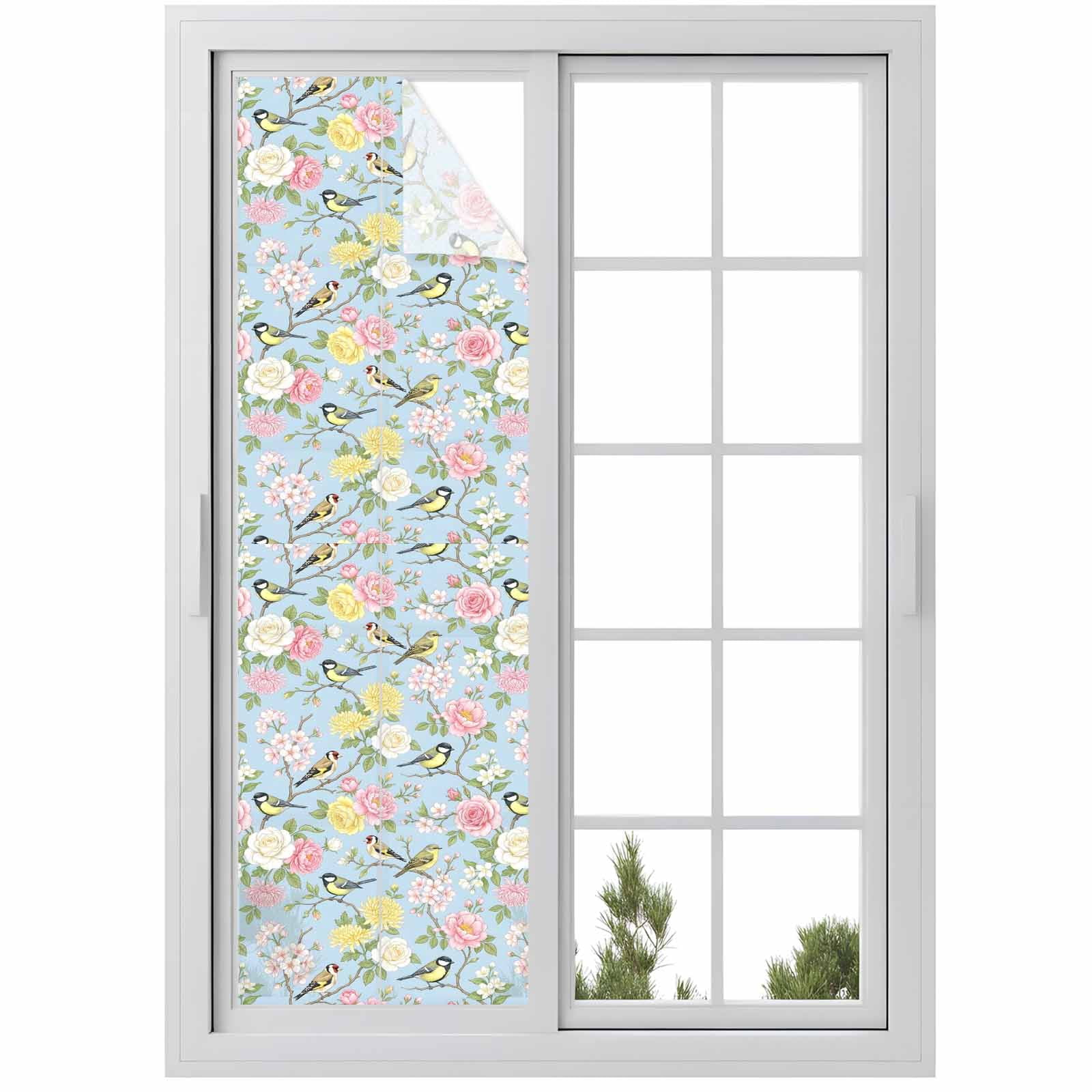 Blue Spring Floral Window Privacy Film,Elegant Farmhouse Flowers Birds ...