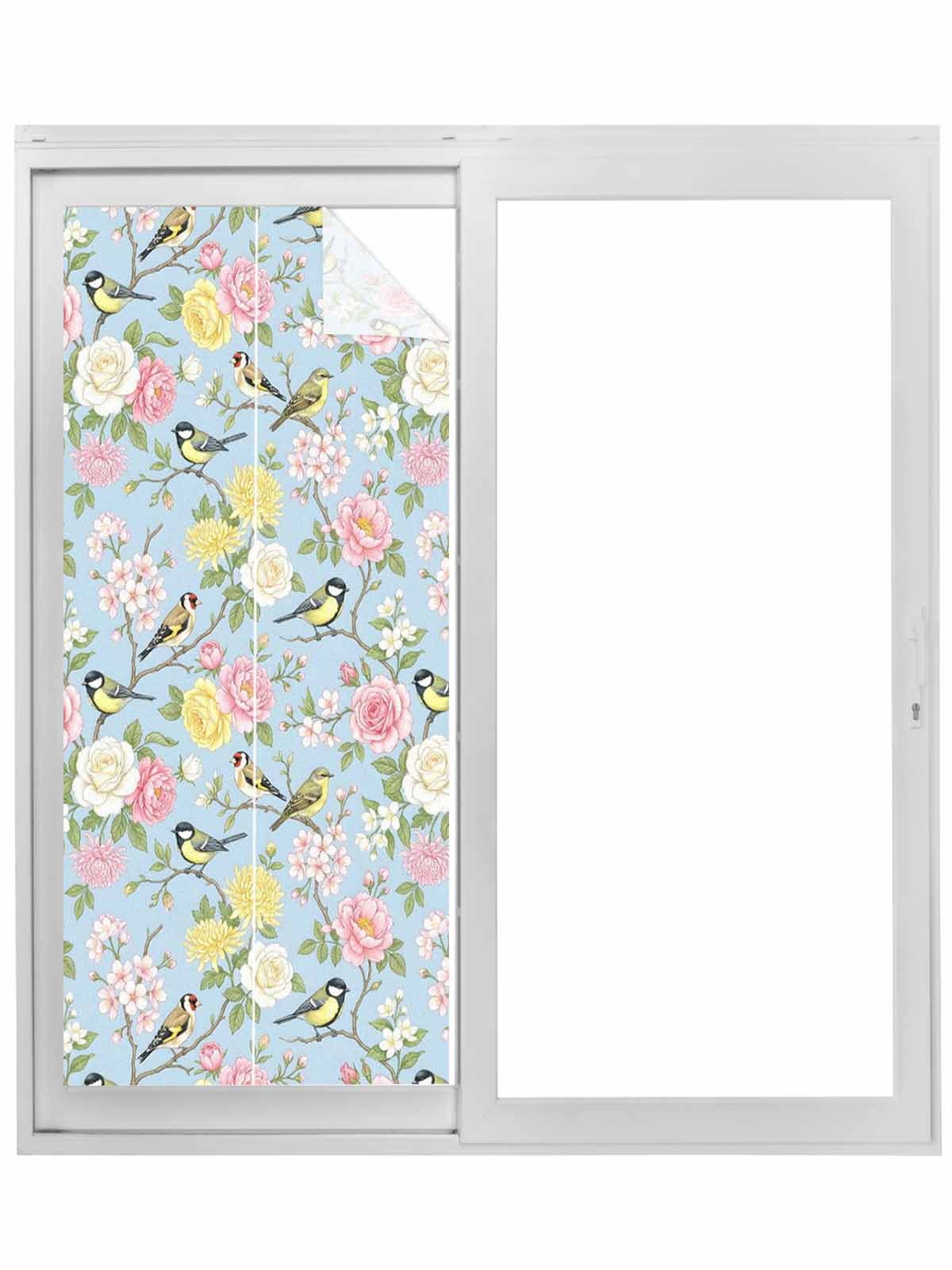 Blue Spring Floral Window Privacy Film, Elegant Farmhouse Flowers Birds ...
