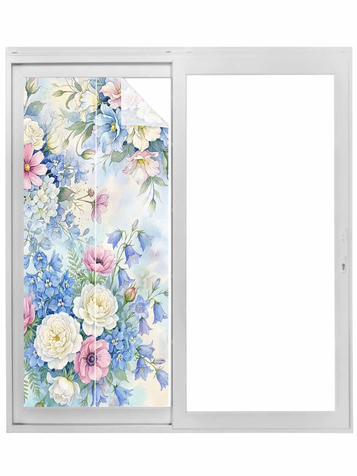 Blue Spring Floral Window Privacy Film, Pink Flowers Elegant Botanical ...