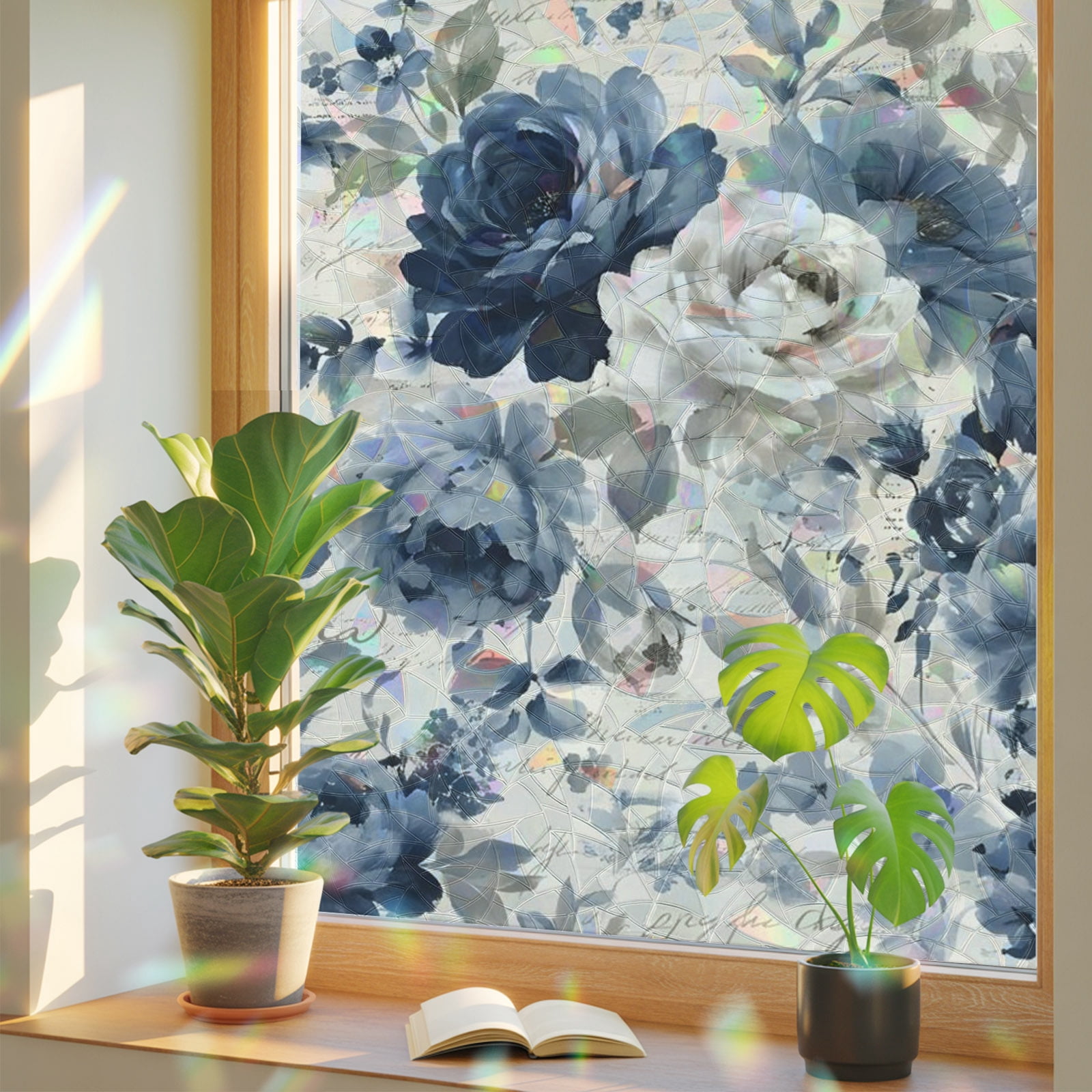 Blue Spring Floral Window Privacy Film Rainbow Static Cling Stain Glass ...