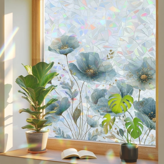 Blue Spring Floral Window Privacy Film Rainbow Static Cling Stain Glass ...